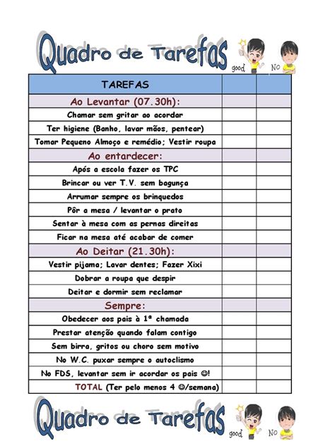 Tabela De Tarefas Diárias Para Crianças Pdf