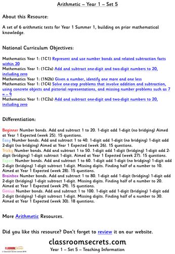 Arithmetic Tests For Year 1 Summer Term 1 Teaching Resources