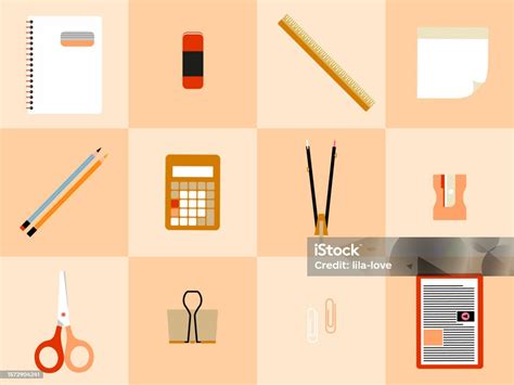 학교로 돌아가기 플랫 스타일의 만화 교육 요소 세트 학교 아이콘 나침반 가위 종이 클립 숫돌 눈금자 지우개 압정 포스트잇 노트북 펜 연필 정사각형 배경 개체 그룹에 대한