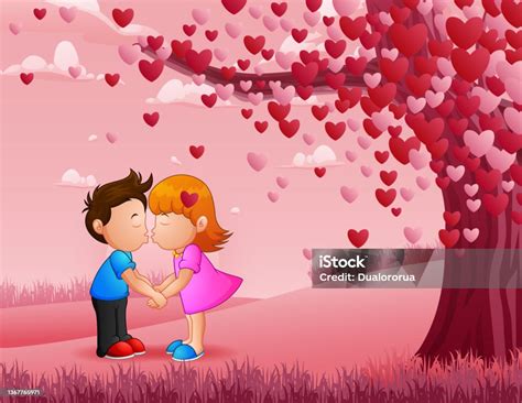 Illustration De Bande Dessinée Dun Couple Sembrassant Sous Un Arbre De