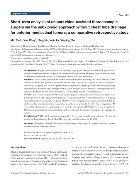 Pdf Short Term Analysis Of Uniport Video Assisted Thoracoscopic Surgery Via The Subxiphoid