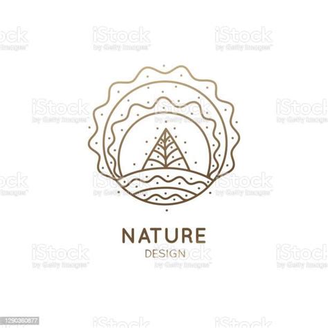 선형 스타일의 자연의 벡터 로고 나무 태양 들판 눈 비즈니스 엠블럼 여행 농업 및 생태 개념 건강 스파 및 요가 센터와 패턴 풍경의 개요 아이콘 로고에 대한 스톡 벡터 아트