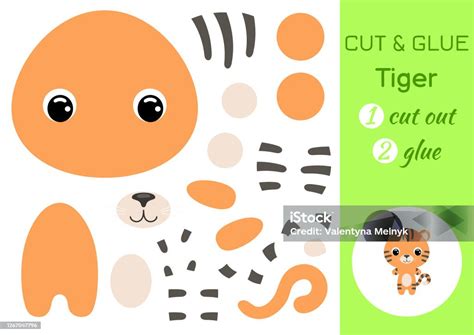 아기 호랑이를 자르고 붙입니다 워크시트를 개발하는 교육 미취학 아동을위한 컬러 종이 게임 종이에 이미지와 접착제의 일부를 잘라 만화 캐릭터 다채로운 벡터 스톡 일러스트레이션