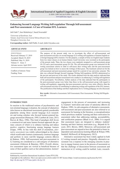 Pdf Enhancing Second Language Writing Self Regulation Through Self Assessment And Peer