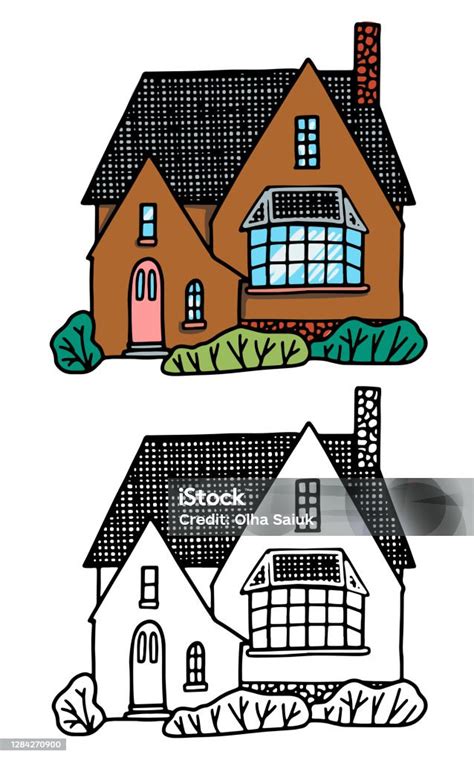 아늑한 집 홈스테드 코티지 손으로 그린 벡터 플랫 일러스트레이션 흰색으로 격리된 윤곽및 색상 드로잉 세트입니다 디자인 인쇄 스티커 착색을 위한 낙서 요소 빈티지 윤곽 만화