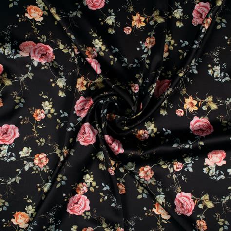 Top Selling Black Floral Digital Print Japan Satin Fabric Fabcurate