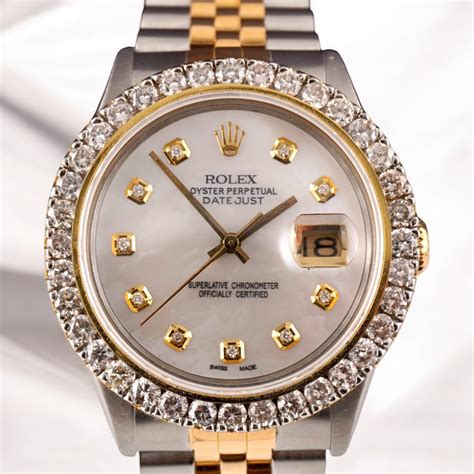 Rolex Mens Datejust 36mm Yg And Steel Iced 225ct Diamonds White Mop