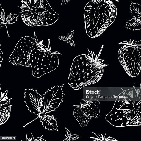 블랙 딸기 무늬 검은 배경에 딸기에서 손으로 스케치 흰색 열매와 잎 원활한 벡터 배경 건강한 식생활에 대한 스톡 벡터 아트 및 기타 이미지 건강한 식생활 과일 그리기