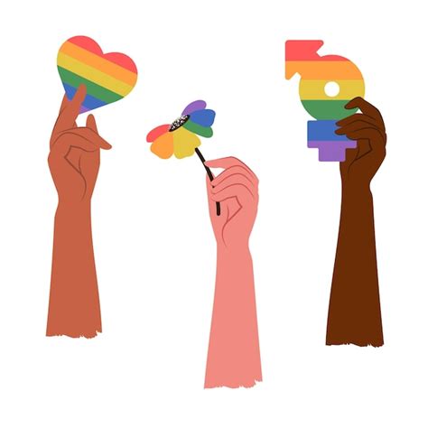 Lgbt 엠 블 럼 무지개 깃발을 손에 들고 다른 피부의 사람들 Lgbt 커뮤니티 성별 다양성 화합 개념 포스터 카드 배너 스티커에 대 한 벡터 평면 그림 프리미엄 벡터
