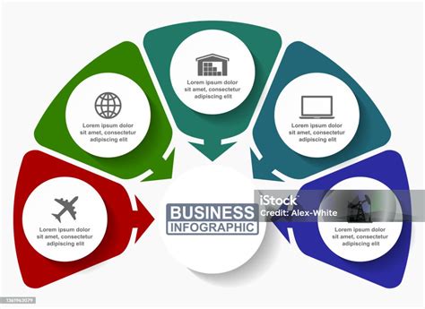 5가지 옵션을 갖춘 프레젠테이션 편집 가능한 다이어그램 그래프 원형 차트 산업 및 전송 개념을 위한 비즈니스 인포그래픽 벡터