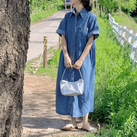 코르 반팔 데님 셔츠 롱 청 원피스 Ops 봄 여름 휴가룩 빅사이즈 에이블리