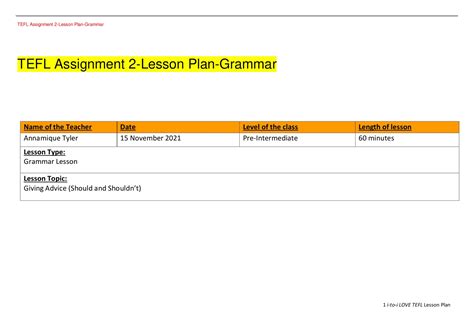 Tefl Assignment 2 Lesson Plan Grammar Tefl Level 5 I To I Stuvia Us