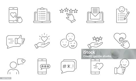 고객 만족 라인 아이콘 세트입니다 피드백 기호 컬렉션 온라인 평가 선형 픽토그램 클라이언트 검토 개요 표시 편집 가능한 획 고립된 벡터 삽화 1위에 대한 스톡 벡터 아트 및