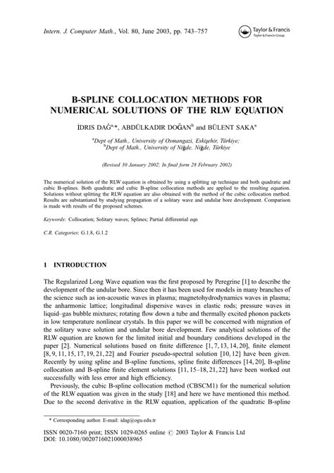Pdf B Spline Collocation Methods For Numerical Solutions Of The Rlw