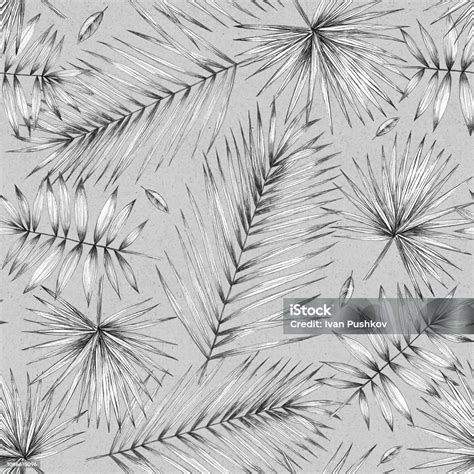 손바닥으로 원활한 패턴 단풍 간단한 연필 드로잉입니다 수동 그래픽입니다 포장 우표 섬유 및 직물 디자인 열 대 잎 패턴입니다 팜