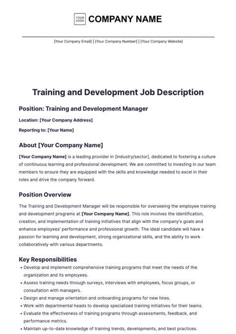 Free Training And Development Job Description Template To Edit Online