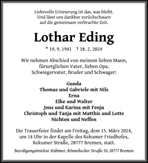 Traueranzeigen Von Lothar Eding Trauer And Gedenken