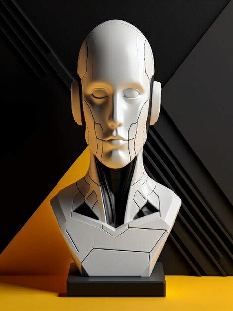 노란색 배경 3d에 로봇의 흰색 대리석 흉상 프리미엄 벡터