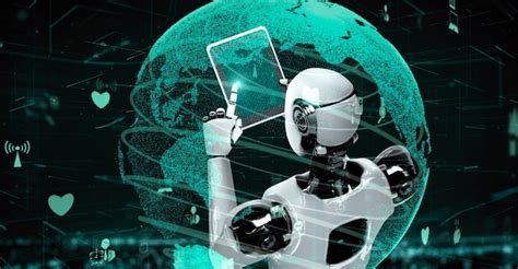 Ai 로봇 휴미노이드 및 머신 러닝 프로세스로 제어되는 인터넷 연결 프리미엄 사진