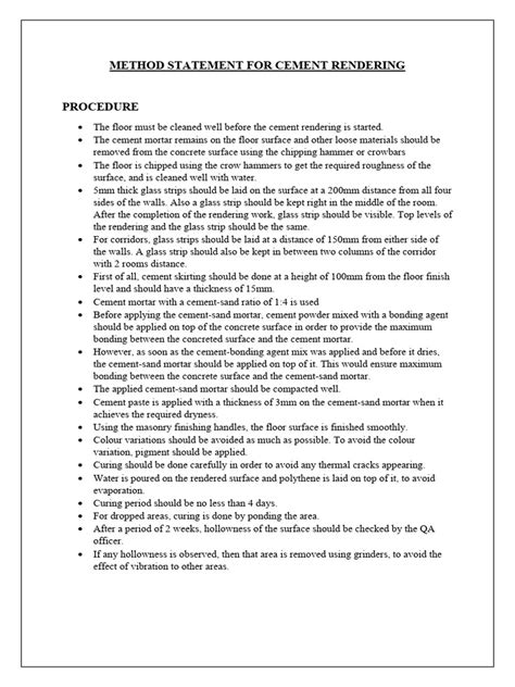 Method Statement For Cement Rendering Pdf Concrete Mortar Masonry