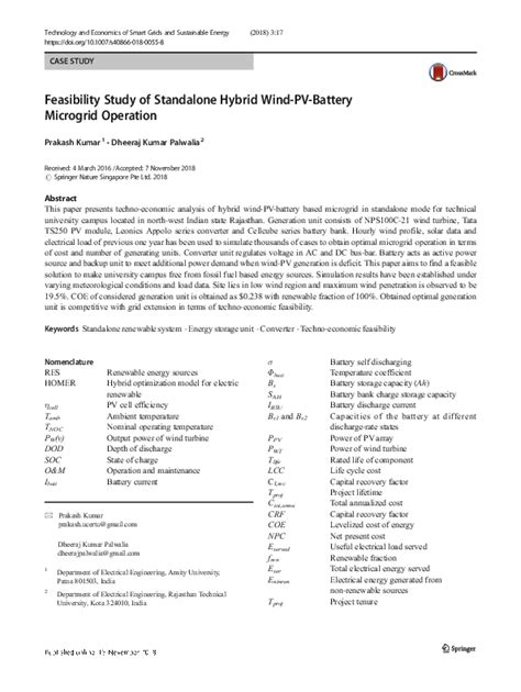 Pdf Feasibility Study Of Standalone Hybrid Wind Pv Battery Microgrid