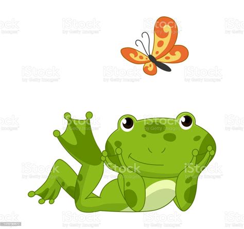 만화 개구리 재미 있는 만화 개구리 흰색 배경에 누워 웃고 있는 작은 양서류 캐릭터 나비를 보고 있는 사랑스러운 개구리 개구리에 대한 스톡 벡터 아트 및 기타 이미지