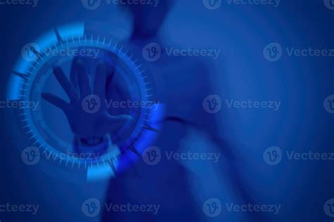 Blurred Blue Robot Cyborg Man With Hand Touching On Motion Hi Tech