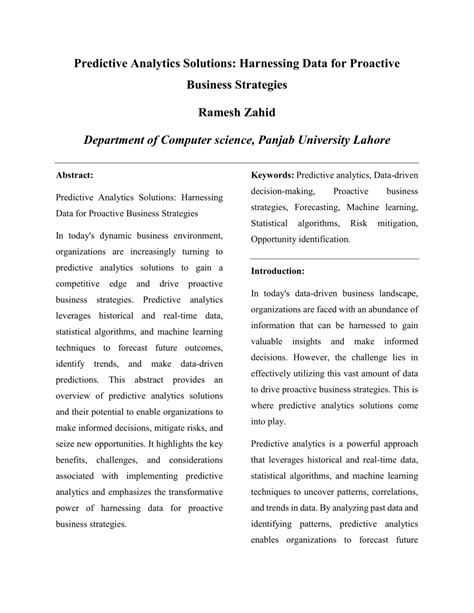 Pdf Predictive Analytics Solutions Harnessing Data For Proactive Business Strategies