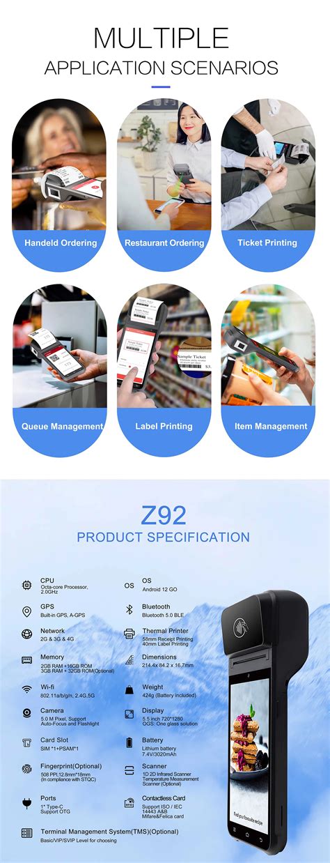 Z92 Android 12 0 Terminal Lecteur Carte Pos Handheld Windows Mobile Pos Terminal Fingerprint