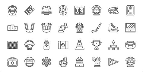 하키 선수 에어 혼 손 응급 처치 키트 토너먼트 에너지 드링크 벤치 골키퍼 입 가드 와 같은 32 개의 하키 얇은 윤곽 아이콘 세트 Championship에 대한 스톡 벡터