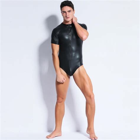 Black Sexy Mens Leather Bodysuit Pu Latex Catsuit Men Lingerie Patent