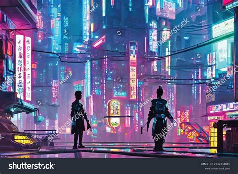 Cyberpunk Neon City Night Futuristic City Stock Vector Royalty Free