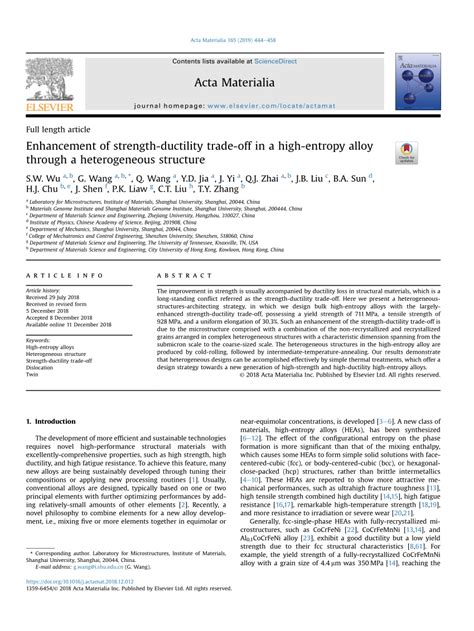 Pdf Enhancement Of Strength Ductility Trade Off In A High Entropy Alloy Through A