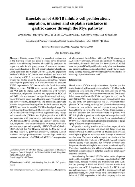 Pdf Knockdown Of Asf1b Inhibits Cell Proliferation Migration