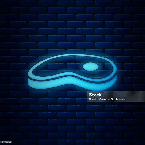 빛나는 네온 스테이크 고기 아이콘 벽돌 벽 배경에 격리 벡터 일러스트레이션 고기에 대한 스톡 벡터 아트 및 기타 이미지 고기 굽기 돼지고기 Istock