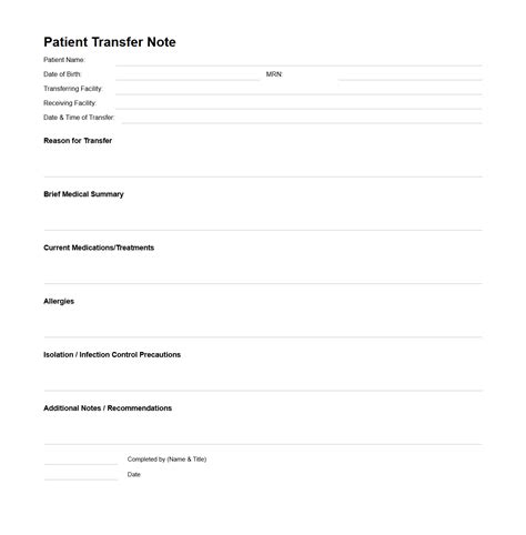 Comprehensive Transfer Note Template For Patient Relocation