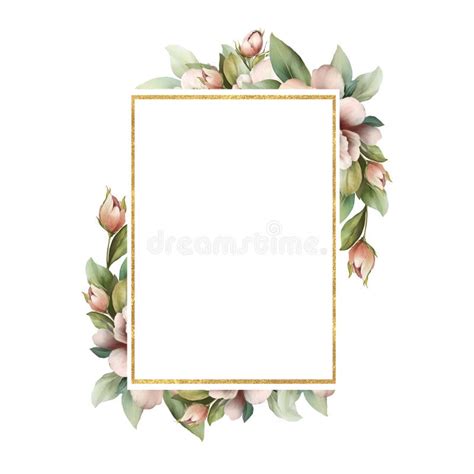 Golden Rectangle Frame With Green Leaves Floral Wedding Card Decor