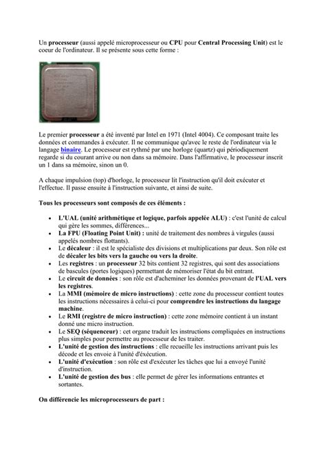 Un Processeur Aussi Appelé Microprocesseur Ou Cpu Pour Central