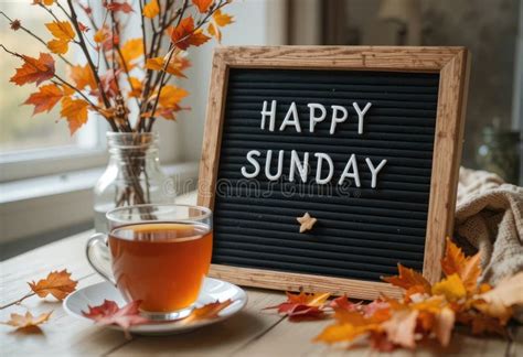 Happy Sunday With Tea And Fall Leaves On A Cozy Table Stock