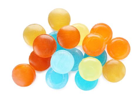 Many Different Color Cough Drops On White Background Top View Stock