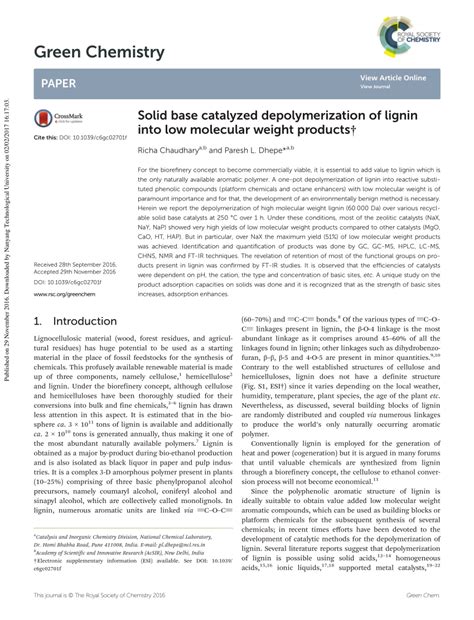 Pdf Solid Base Catalyzed Depolymerization Of Lignin Into Low Molecular Weight Products