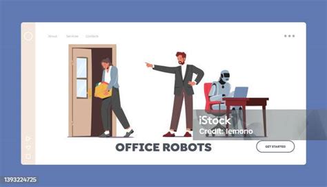 사무실 로봇 방문 페이지 템플릿 슬픈 해고 된 직원 캐릭터는 상자와 함께 사무실을 떠납니다 보스 해고 노동자 개념에 대한 스톡