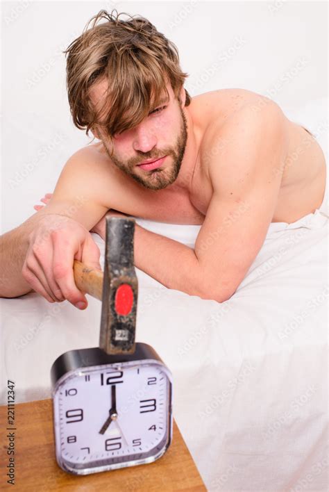 Guy Smashing With Hammer Alarm Clock Ringing Annoying Ringing Every Morning Man Bearded
