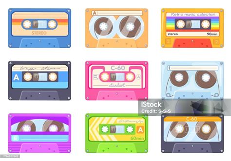 카툰 스테레오 카세트 아날로그 테이프 카트리지 컴팩트 빈티지 음악 플레이어 구식 레코드 믹스 테이프 스테레오 기술 다채로운 오디오 카세트 디자인 깔끔한 벡터 일러스트 레이