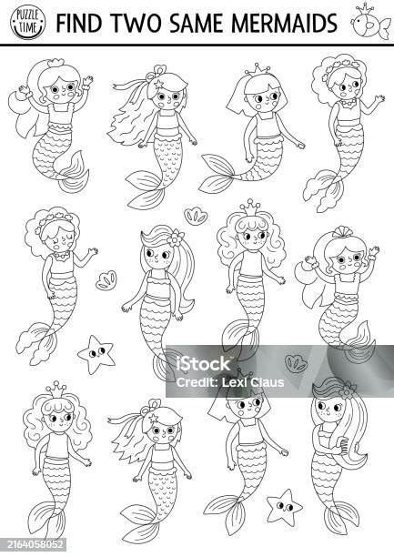 같은 인어 두 마리를 찾으세요 어린이를 위한 흑인과 백인 동화 바다 왕국 매칭 활동 해양 교육 퀴즈 워크시트 색칠 공부 페이지 바다 공주와 함께 라인 인쇄 가능한 게임 0