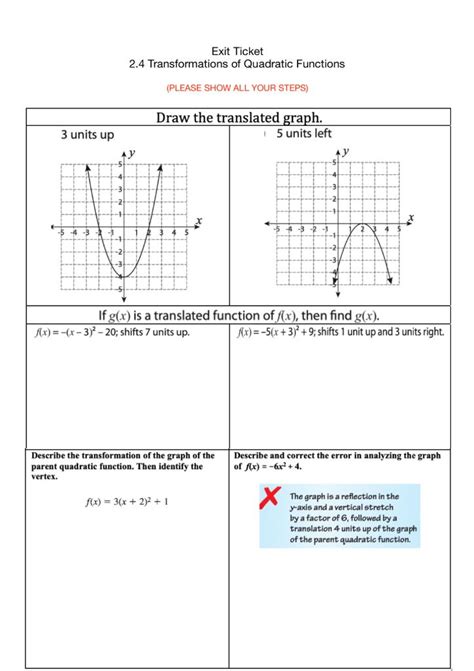 Solved Exit Ticket Transformations Of Quadratic Chegg