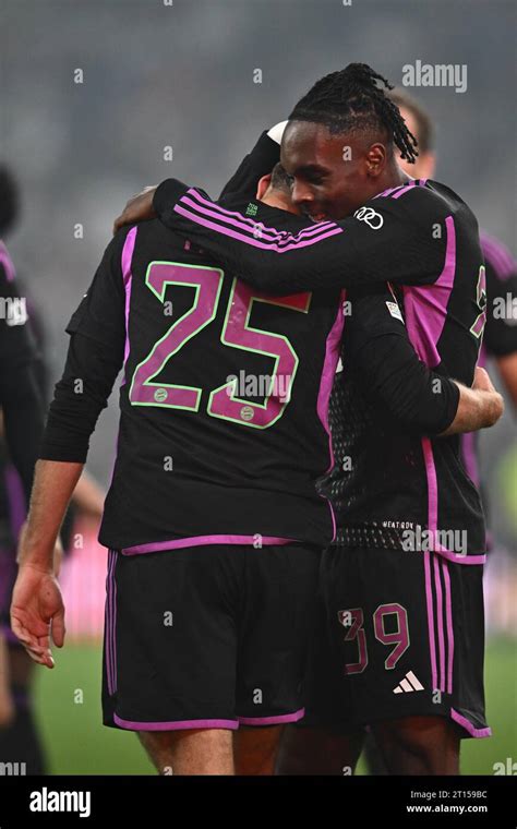 Copenhagen Denmark October 3 Mathys Tel Of Bayern Munich Celebrate With Thomas Muller After