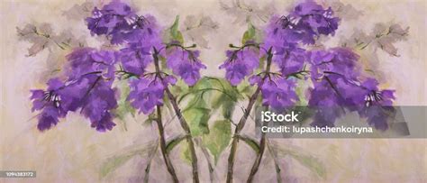 인상파의 스타일의 현대 예술 작품 유행 그림 캔버스 가로 봄 풍경에 내 원래 유화 부시 햇빛의 눈부심에 보라색 라일락 피 꽃 식물에 대한 스톡 벡터 아트 및 기타 이미지