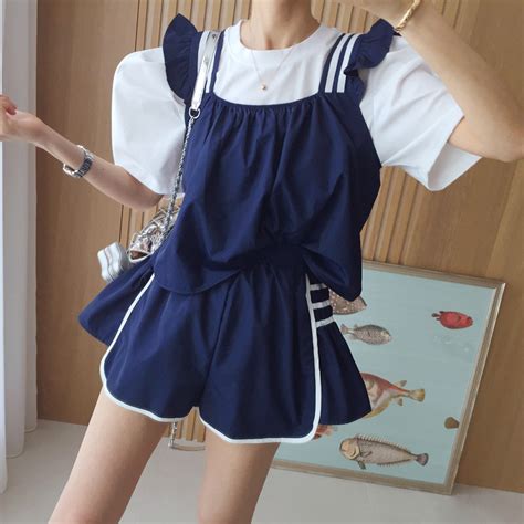 넬 배색 띠 날개프릴 민소매 탑 밴딩 A라인 플레어 반바지 여름 투피스세트 2color 에이블리