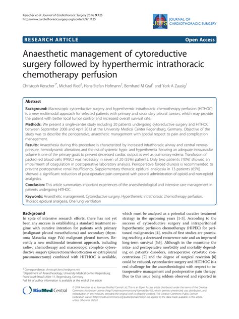 Pdf Anaesthetic Management Of Cytoreductive Surgery Followed By Hyperthermic Intrathoracic